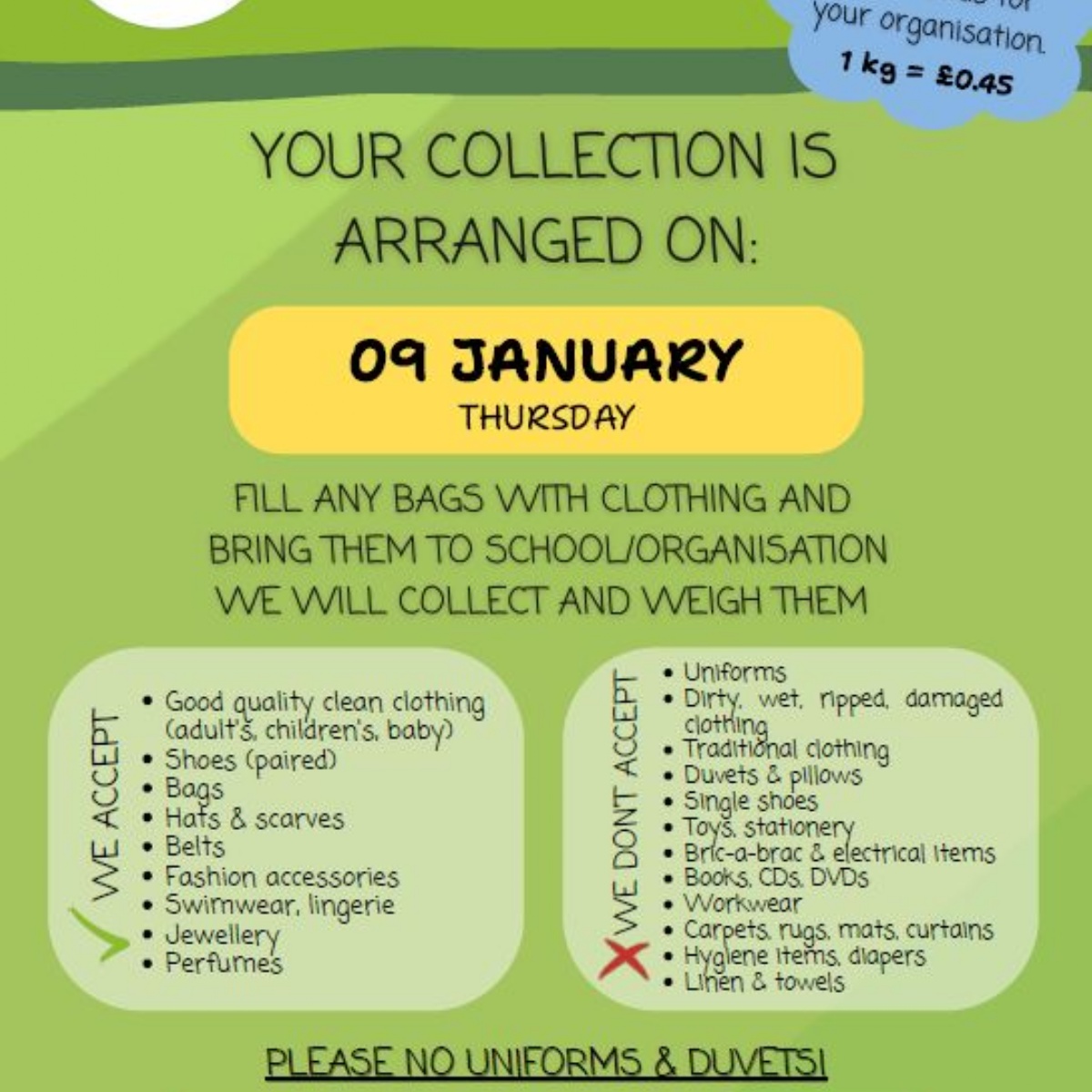 New Haw Community School - Thursday 9th Jan - PTA Clothes Collection